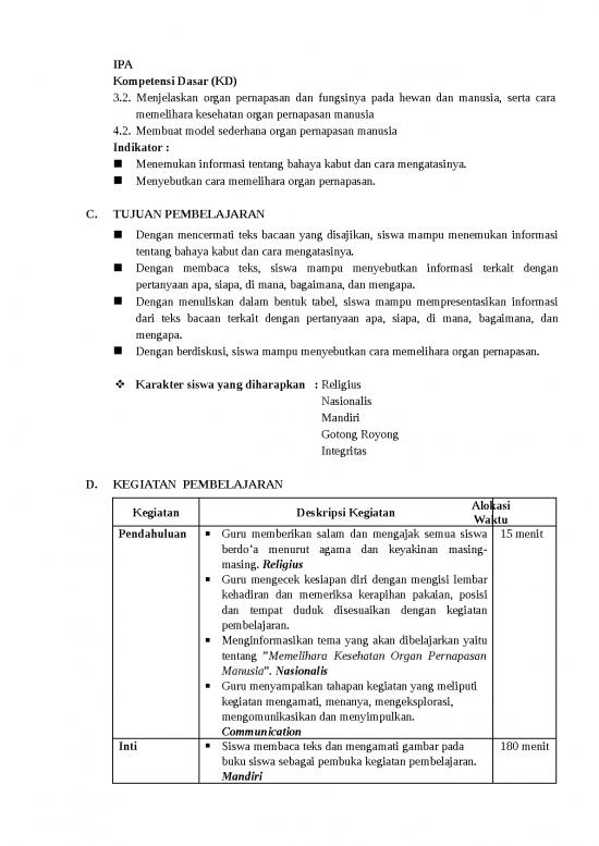 Rpp Kelas 5 Pokok Bahasan Memelihara Kesehatan Organ Pernapasan Manusia