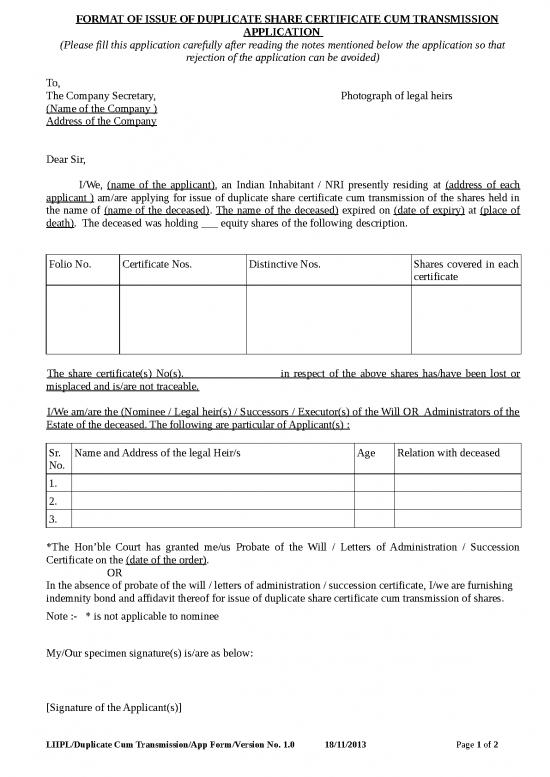 Certificate Word Format 30122 Application For Duplicate Share 