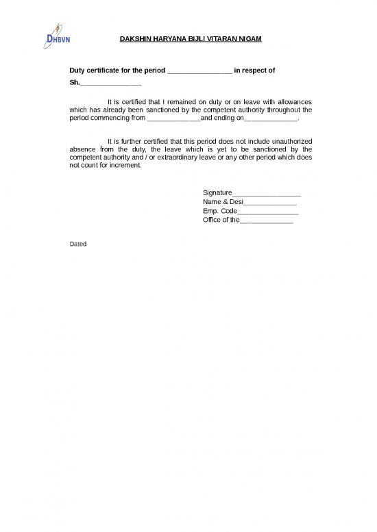 Certificate Word Format 30192 | Duty Certificate