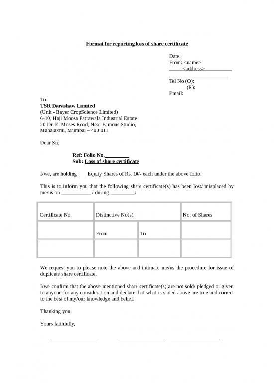 Certificate Word Format 30168 | Format For Reporting Loss Of Share ...