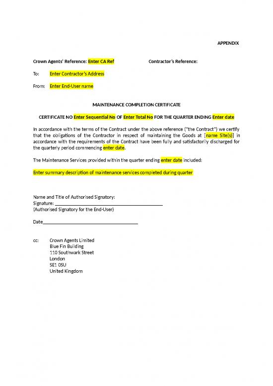 Certificate Word Format 30186 | Maintenance Completion Certificate