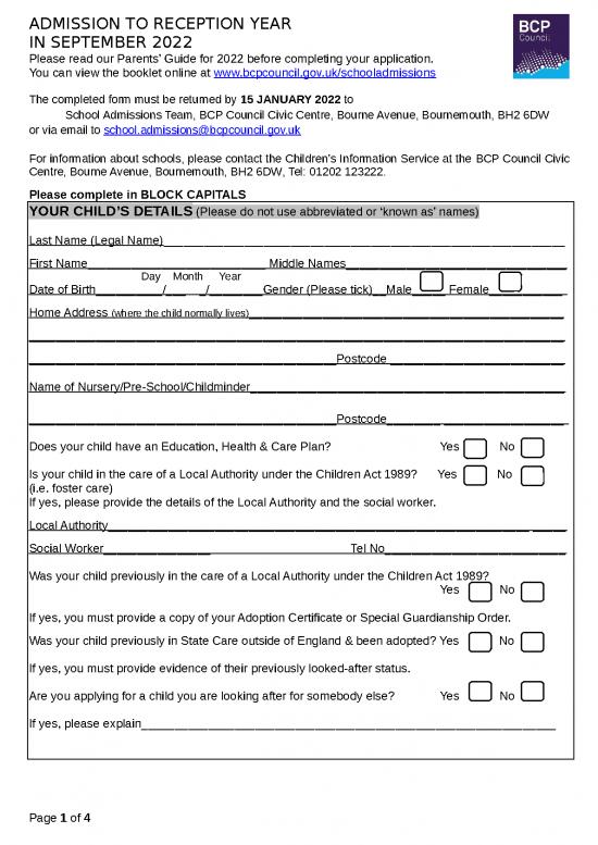 First Day Of 2022 29306 | Reception 2022 Application Form