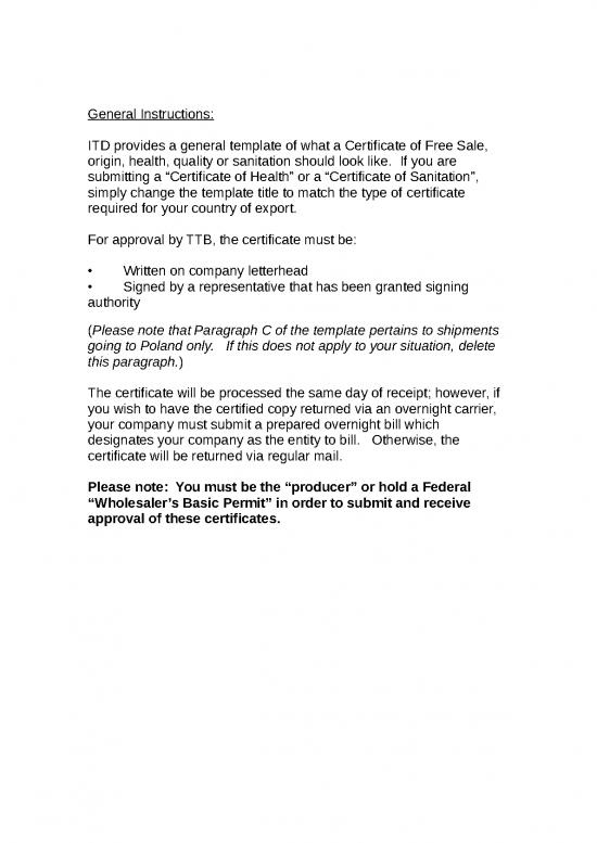 Certificate Word Format 30295 | Sample Certificate Of Free Sale Wine