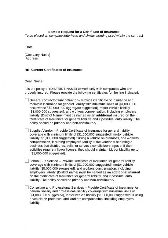 Certificate Word Format 30309 | Sample Request For A Certificate Of Insurance
