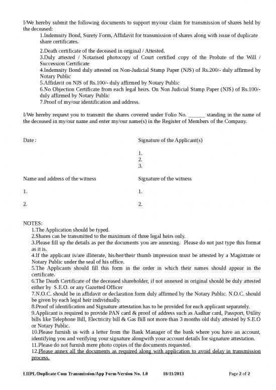 Certificate Word Format 30122 Application For Duplicate Share 