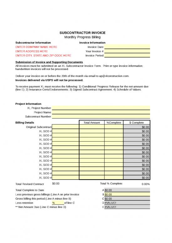 Billing Format In Excel Free Download 31291 | Subcontractor Invoice Form