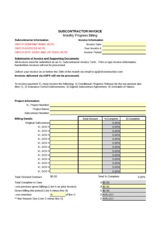 Billing Format In Excel Free Download 31291 | Subcontractor Invoice Form