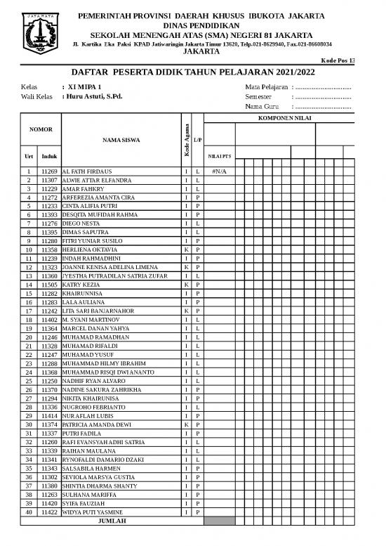 Excel Sample Sheet 34032 | Absensi Kelas Xi