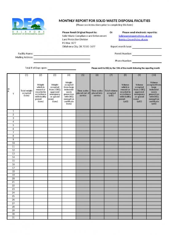 Electronic Spread Sheet 32757 | Solid Waste Monthly Report Form Excel ...