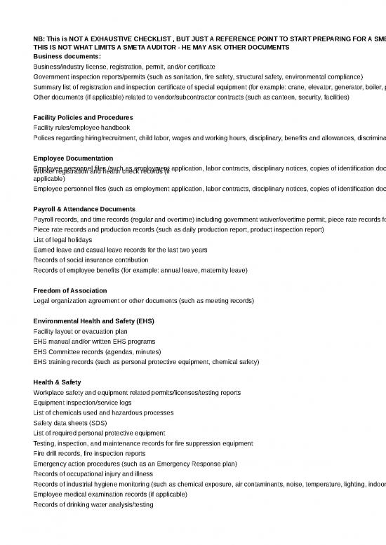 Business Spread Sheet 32809 | Sedex Audit Checklist Nonexhaustive