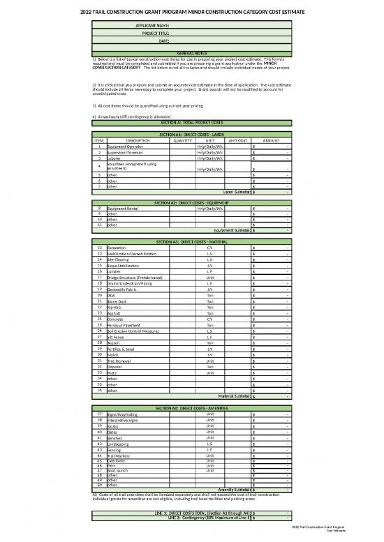 Construction Template Excel 40286 2022 Trail Construction Cost Estimate Form
