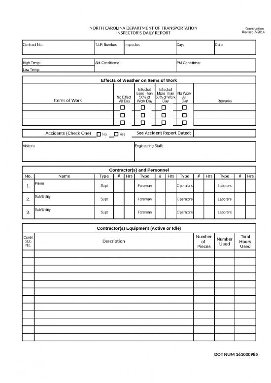 Contractor Excel Template 41108 | Revised Inspector Daily Diary
