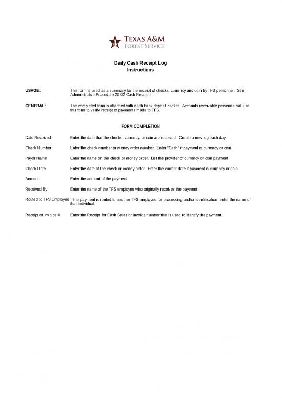 Excel Sample Sheet 41652 | Daily Cash Receipt Log