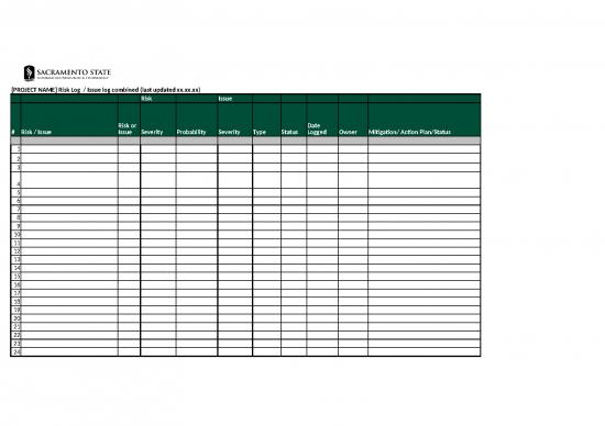 Excel Sample Sheet 41379 | Issue And Risk Log Template