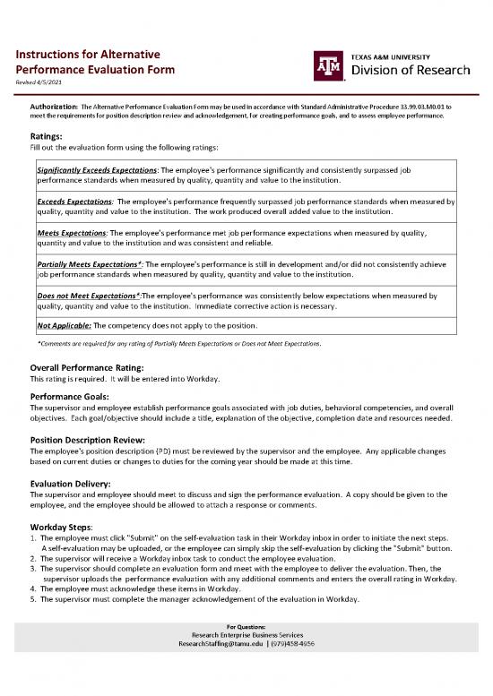 Alternative Performance Evaluation Form