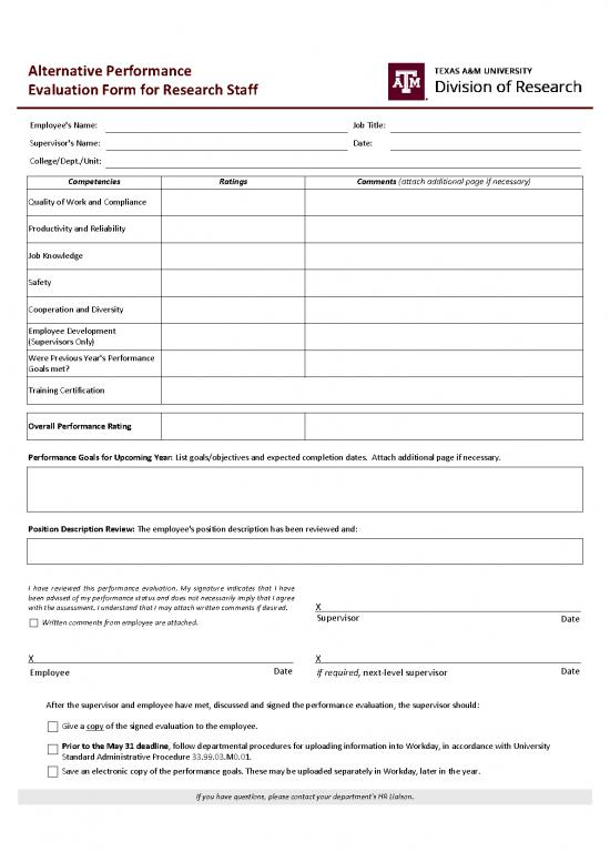 Alternative Performance Evaluation Form