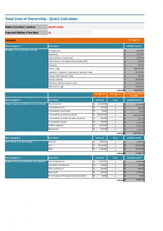 Spreadsheet Calculator 46574 | Tool Total Cost Ownership Calculator
