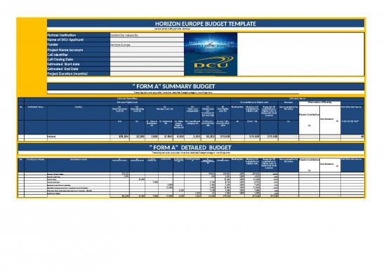 Dcu Horizon Europe Budget Template Coordinators Example With Sample Figures