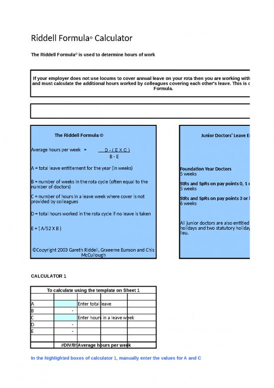 Spreadsheet Calculator 46370 | Rota Riddell Calculator