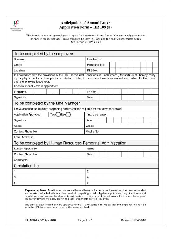 Hr 108b Anticipation Of Annual Leave Application Form