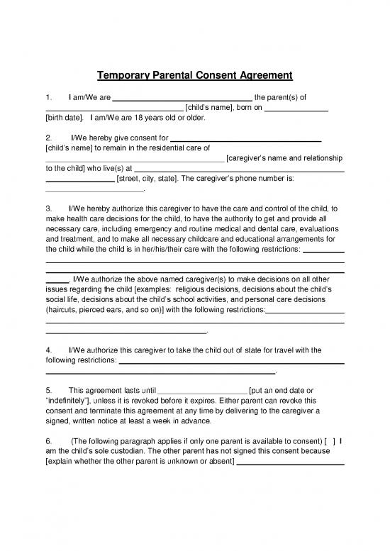 Agreement Sample 47668 | Temporary Parental Consent Agreement
