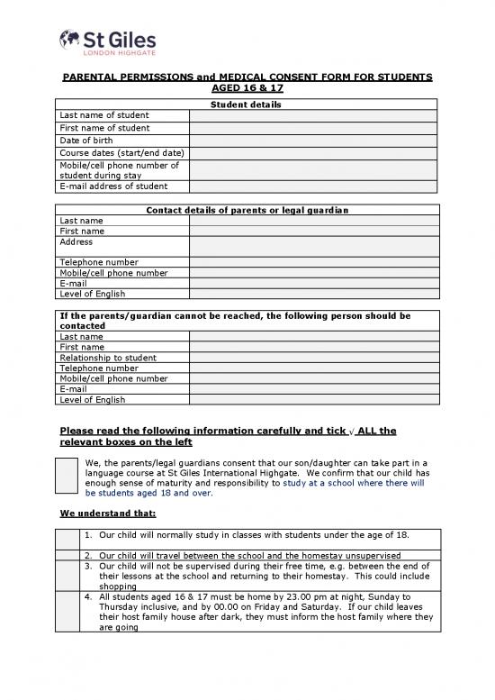 16 17 Year Olds Parental Permissions And Medical Consent Form