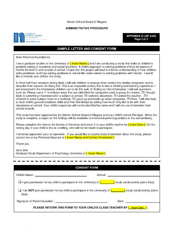 Consent Letter Parents 48567 | Appendix D Parentguardian Consent Form ...