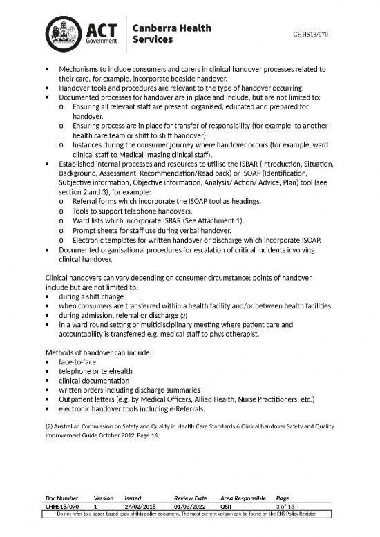 Clinical Handover Canberra Health Services