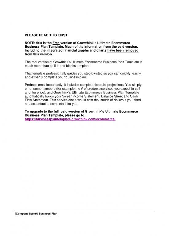 Free Version Of Growthinks Ecommerce Business Plan Template