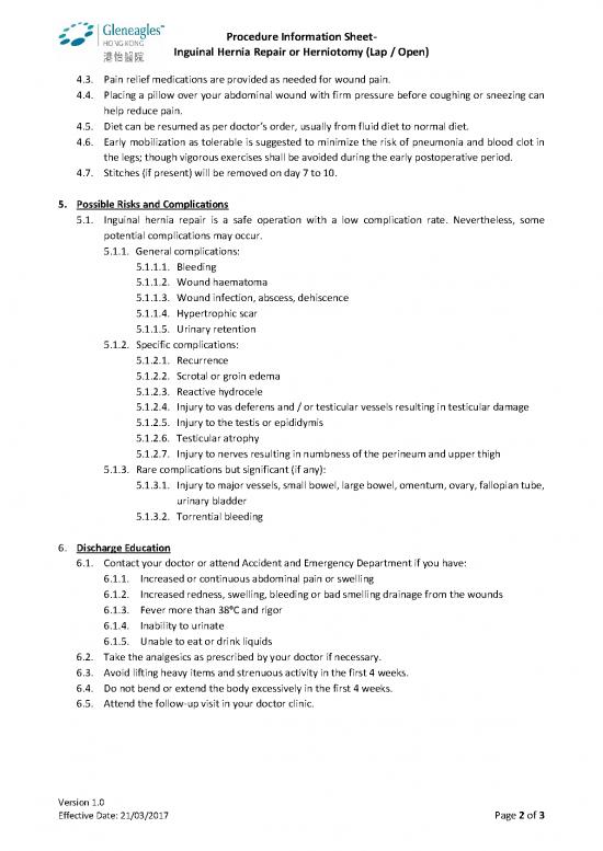 Information Sheet On Inguinal Hernia Repair Or Herniotomy Open Or Lap ...