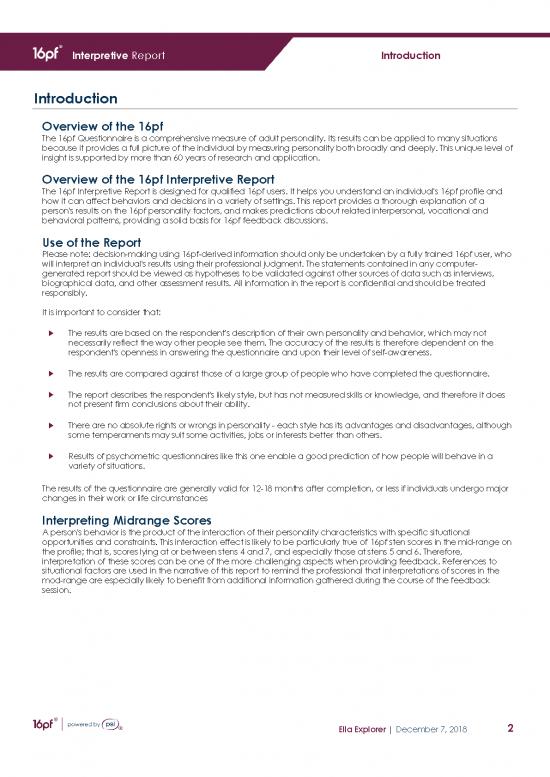 Personality Pdf 96795 | 16pf 6th Edition Interpretive Report Ella Sample