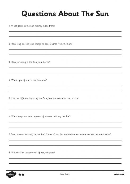 Year 3 Reading The Sun Comprehension With Answers