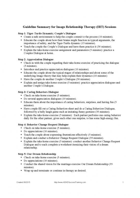 Guideline Summary For Imago Relationship Therapy
