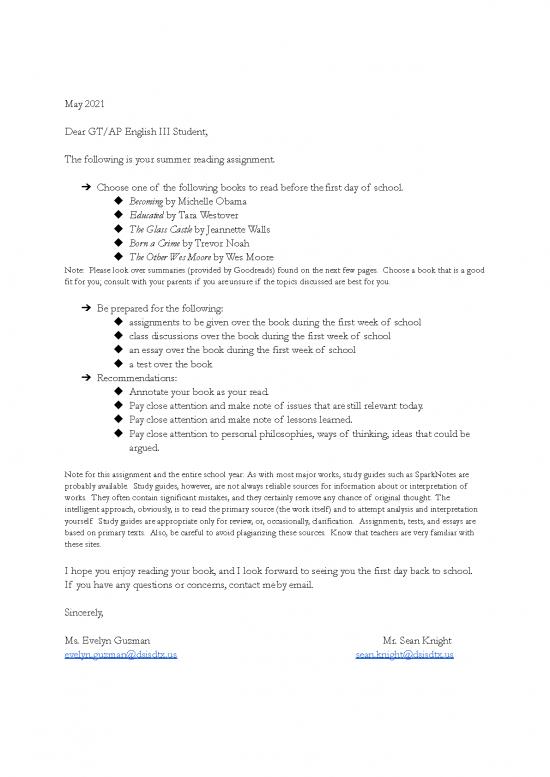 Ap And Gt English Iii Summer Reading 2021