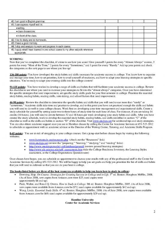 Study Habits Pdf 121809 | Study Habits And Skills Checklist With Scoring