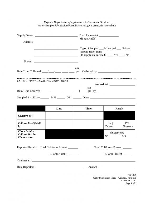 Dsl D2 Water Submission Form | Sample Submission