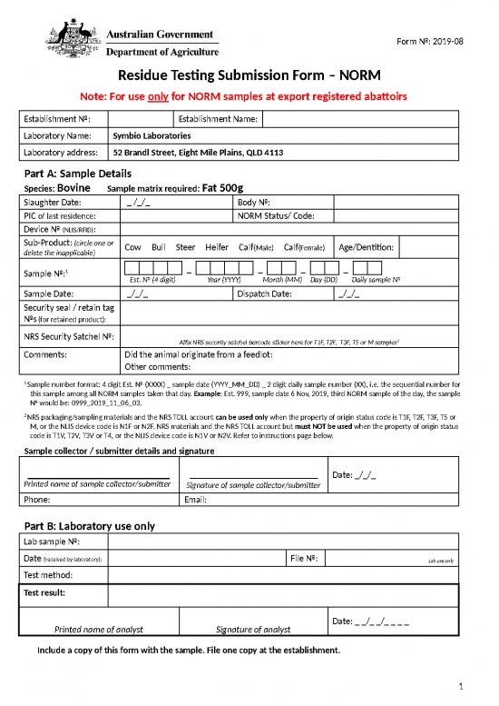 Residue Testing Submission Form Norm | Sample Submission