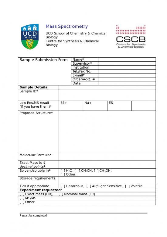 Mass Spec Sample Submission Form | Sample Submission