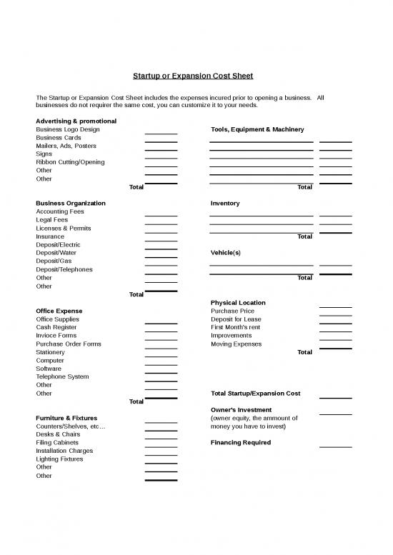 Excel Sheet Download 12200 | Startup Expansion Cost | Business Form Tools