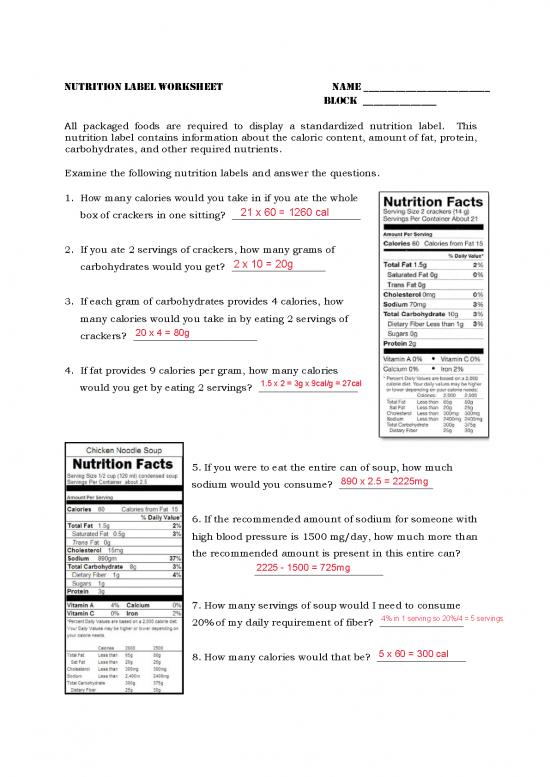Nutrition Pdf 131185 | 1a Nutrition Label Worksheet 1 Key