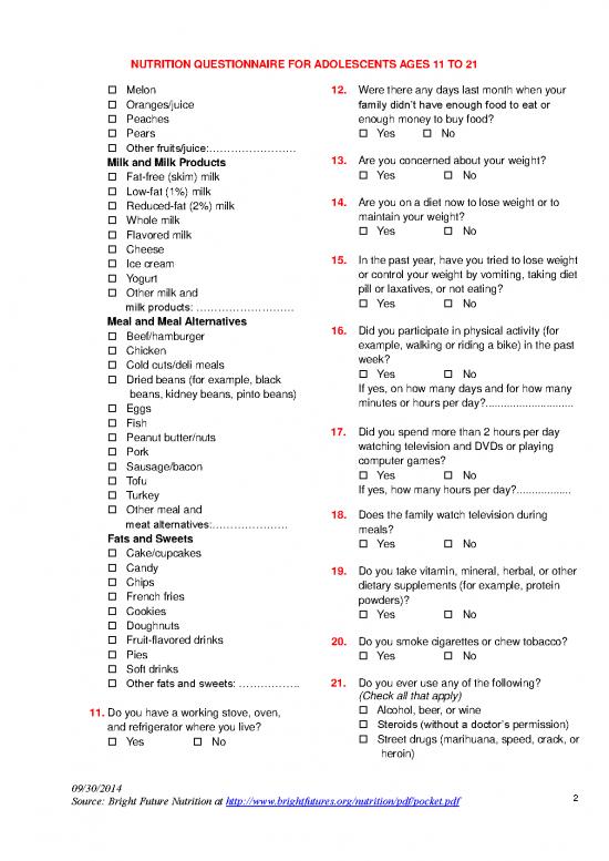 Diet Questionnaire Pdf 137139 | Nutrition Questionnaire For Adolescents ...