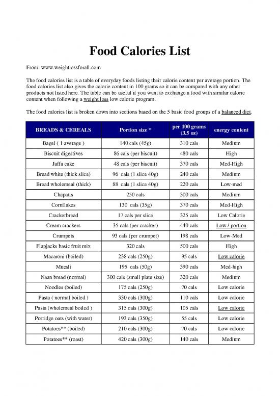 Calories In Food Pdf 144193 | Food Calories List