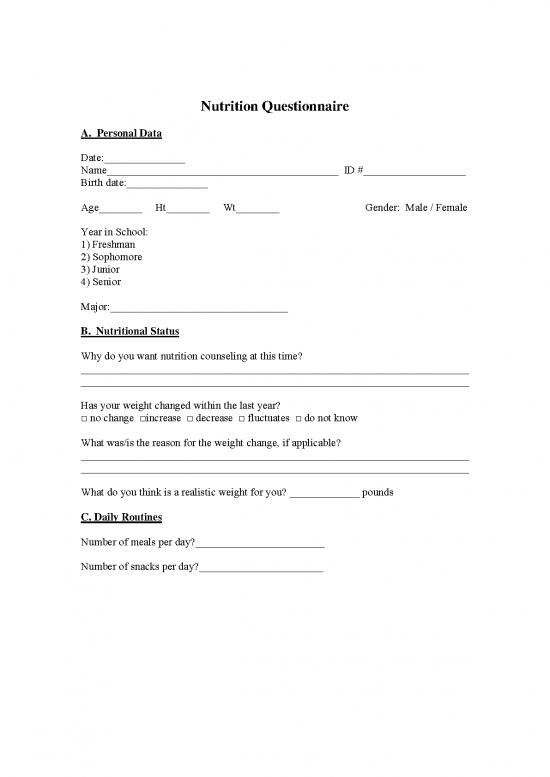 Nutritional Status Questionnaire Pdf 144466 | Nutrition Questionnaire