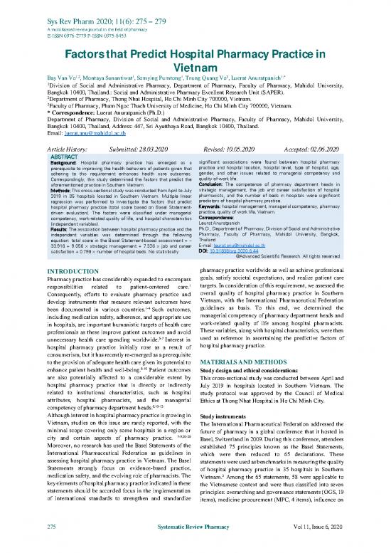 Factors That Predict Hospital Pharmacy Practice In Vietnam