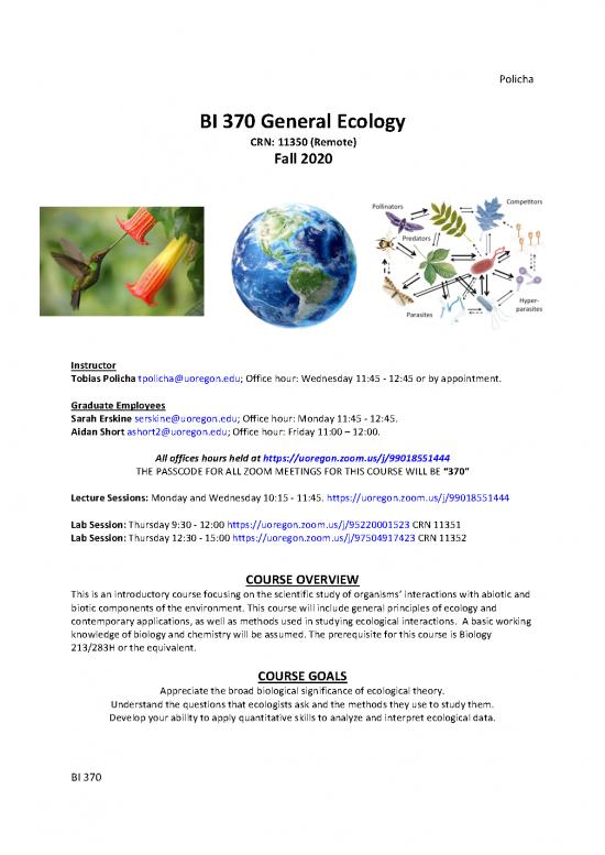 Ecology Pdf 160456 | Bi 370 Ecology 2020 Syllabus Draft