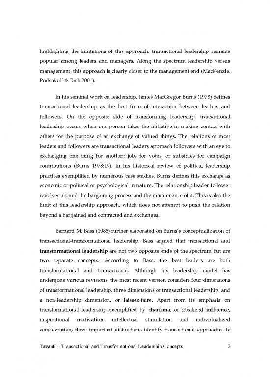 Leadership Pdf 164062 | 2008 Transactional Transformational Leadership Tavanti