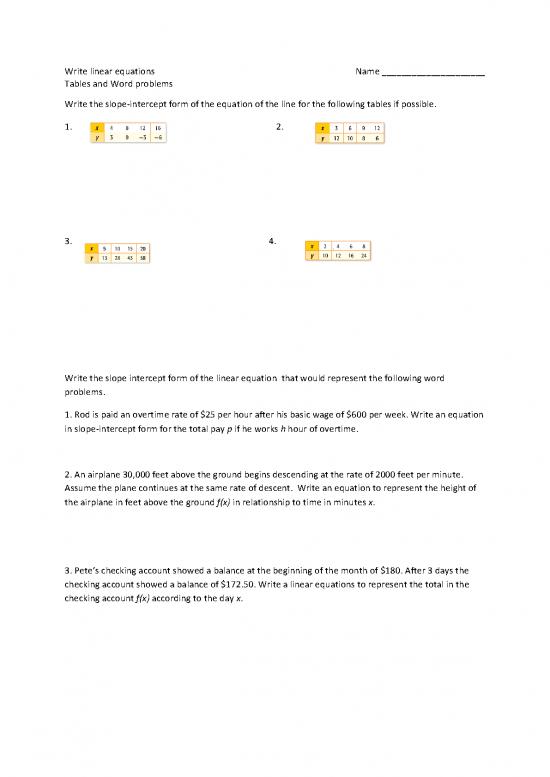 Simple Equations Problems Pdf 176676 Write Linear Equations tables
