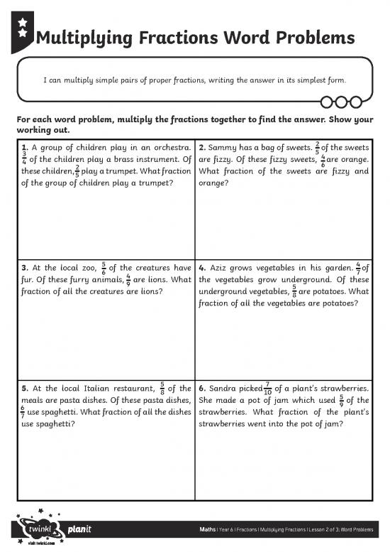 Multiplying Fractions Word Problems Activity Sheet