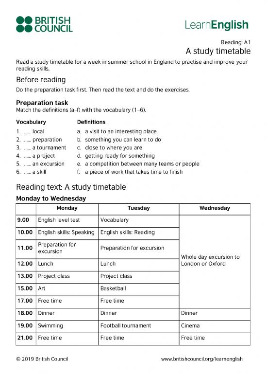 Learnenglish Reading A1 A Study Timetable