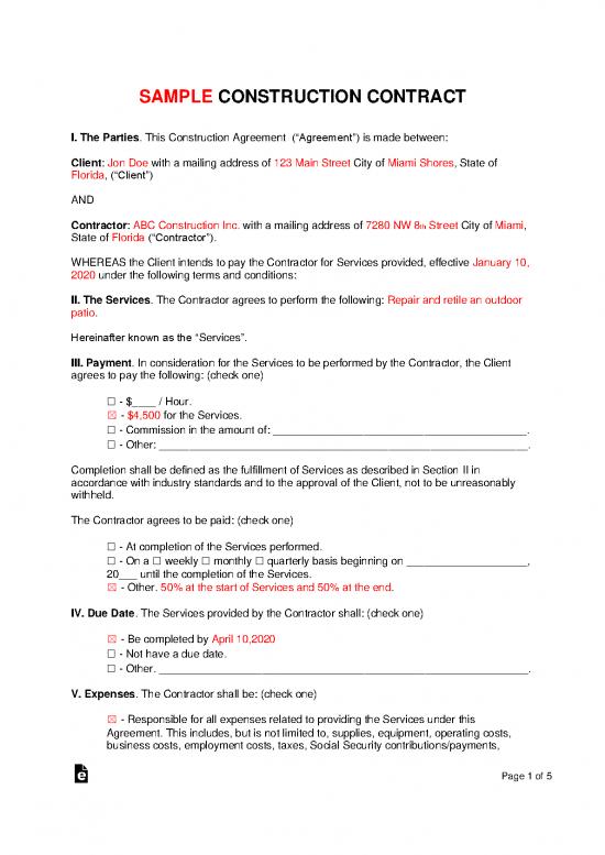 Payment Agreement Template 201561 | Sample Construction Agreement